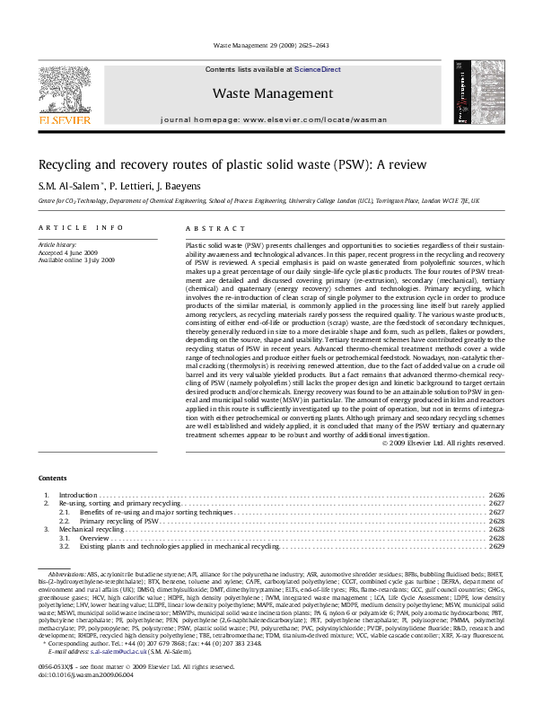 (PDF) Recycling and recovery routes of plastic solid waste (PSW): A review