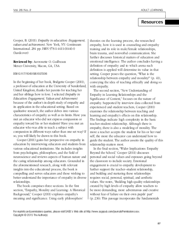 (PDF) Book Review: Empathy in education: Engagement, values and achievement by Cooper, B