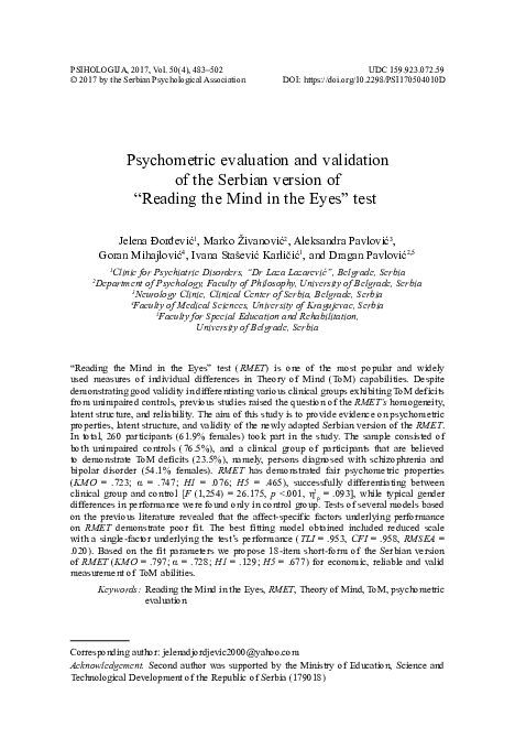 Pdf Psychometric Evaluation And Validation Of The Serbian Version Of “reading The Mind In The