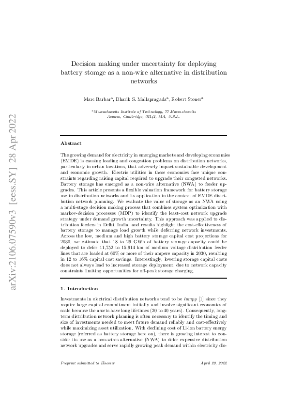 (PDF) Distribution level battery storage valuation framework