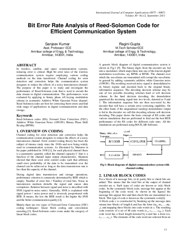 (PDF) Bit Error Rate Analysis of ReedSolomon Code for Efficient ...