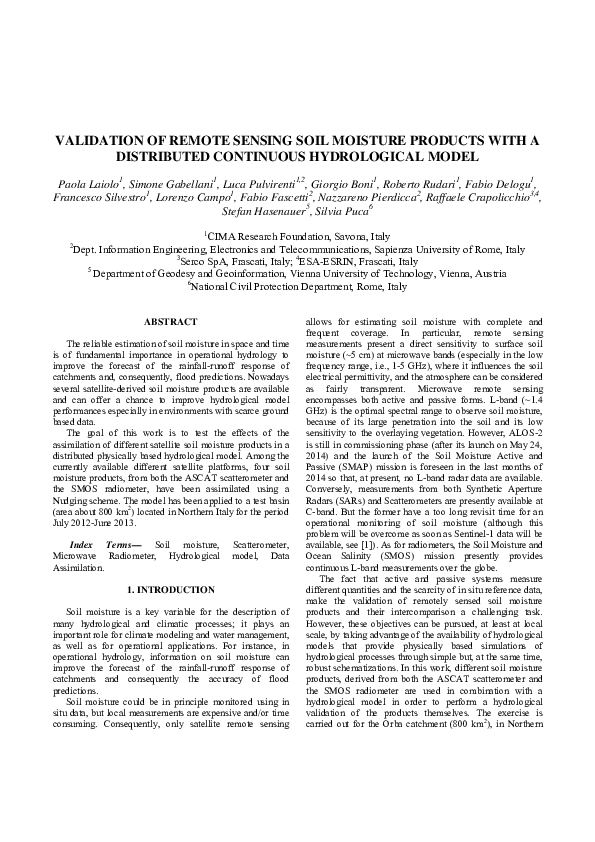 (PDF) Validation of remote sensing soil moisture products with a distributed continuous ...