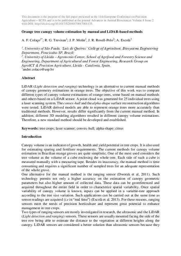 (PDF) Orange tree canopy volume estimation by manual and LiDAR-based methods