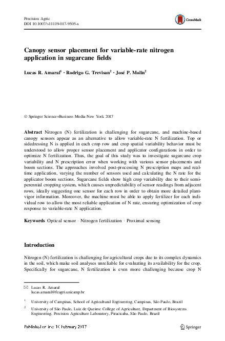 Pdf Canopy Sensor Placement For Variable Rate Nitrogen Application In Sugarcane Fields José