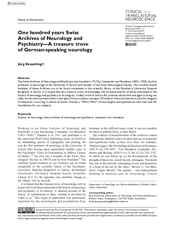 (PDF) One hundred years Swiss Archives of Neurology and Psychiatry—A ...