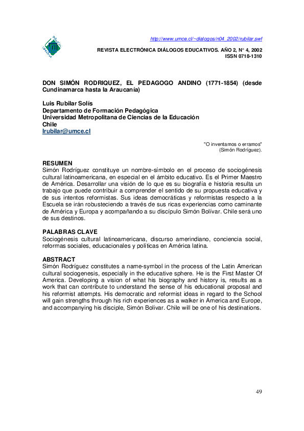 (PDF) Don Simón Rodríguez, el pedagogo andino (1771-1854)(desde ...