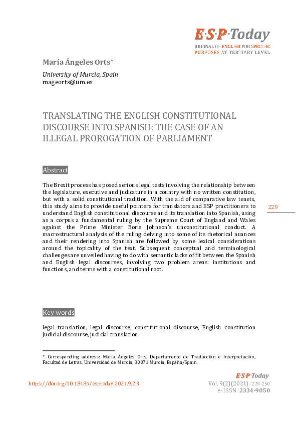 (PDF) Translating the English Constitutional Discourse into Spanish ...
