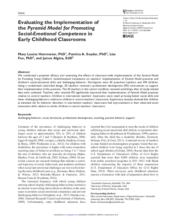 (PDF) Evaluating the Implementation of the Pyramid Model for Promoting ...