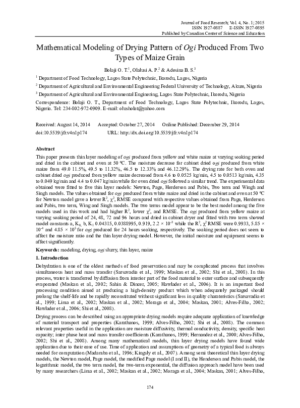 (PDF) Mathematical Modeling of Drying Pattern of Ogi Produced From Two ...