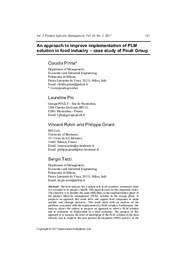 (PDF) An approach to improve implementation of PLM solution in food industry - case study of ...