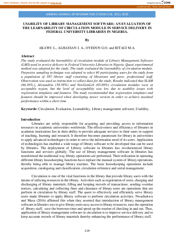 (PDF) Usability of library management software: An evaluation of the learnability of circulation ...