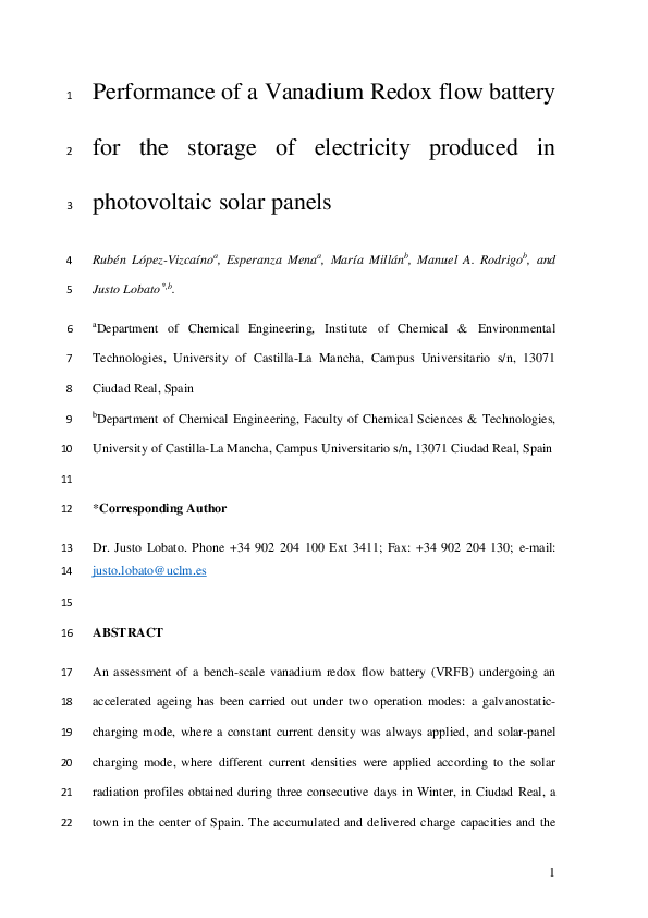 (PDF) Performance of a vanadium redox flow battery for the storage of ...