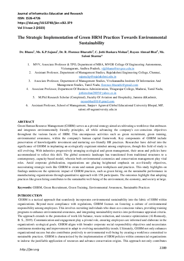 (PDF) The Strategic Implementation of Green HRM Practices Towards Environmental Sustainability