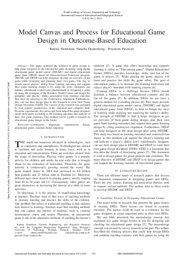 (PDF) Model Canvas and Process for Educational Game Design in Outcome-Based Education | NATASHA ...