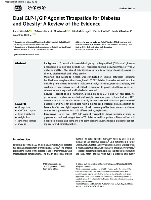 (PDF) Dual GLP-1/GIP Agonist Tirzepatide for Diabetes and Obesity: A ...