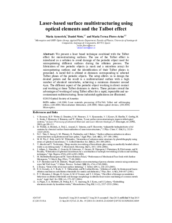 (PDF) Laser-based surface multistructuring using optical elements and the Talbot effect