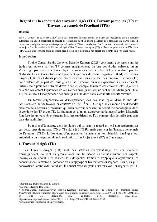 (PDF) REGARD SUR LA CONDUITE DES TD TP ET TPE