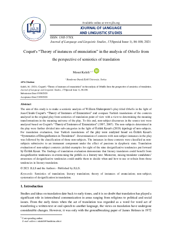 (PDF) Coquet's “Theory of instances of enunciation” in the analysis of ...