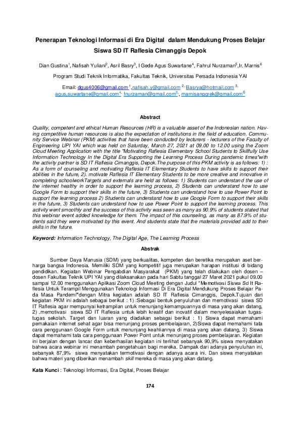 (PDF) Penerapan Teknologi Informasi di Era Digital Dalam Mendukung Proses Belajar Siswa SD IT ...