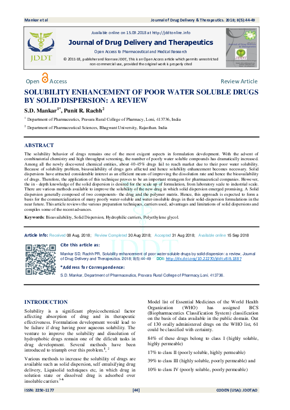 (PDF) Solubility Enhancement of Poor Water Soluble Drugs by Solid Dispersion: A Review