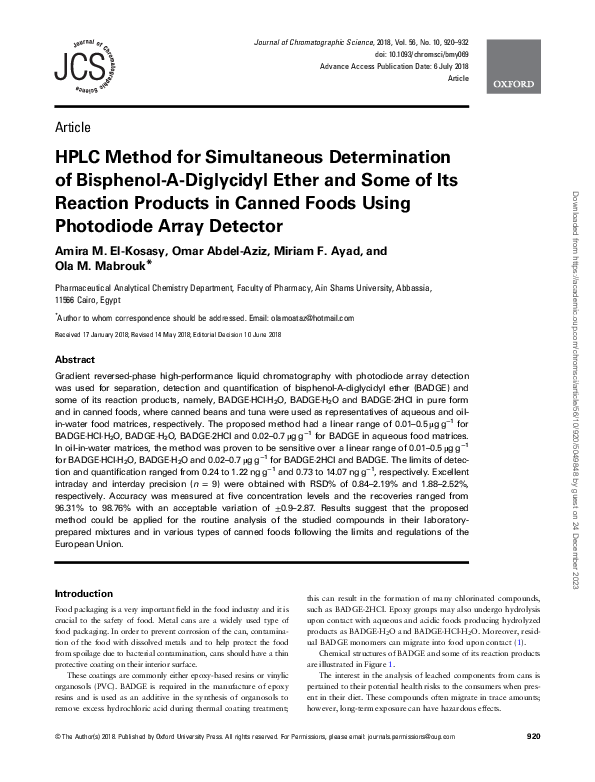 (PDF) HPLC Method for Simultaneous Determination of Bisphenol-A-Diglycidyl Ether and Some of Its ...