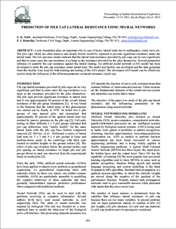 (PDF) Prediction of Pile Cap Lateral Resistance Using Neural Networks