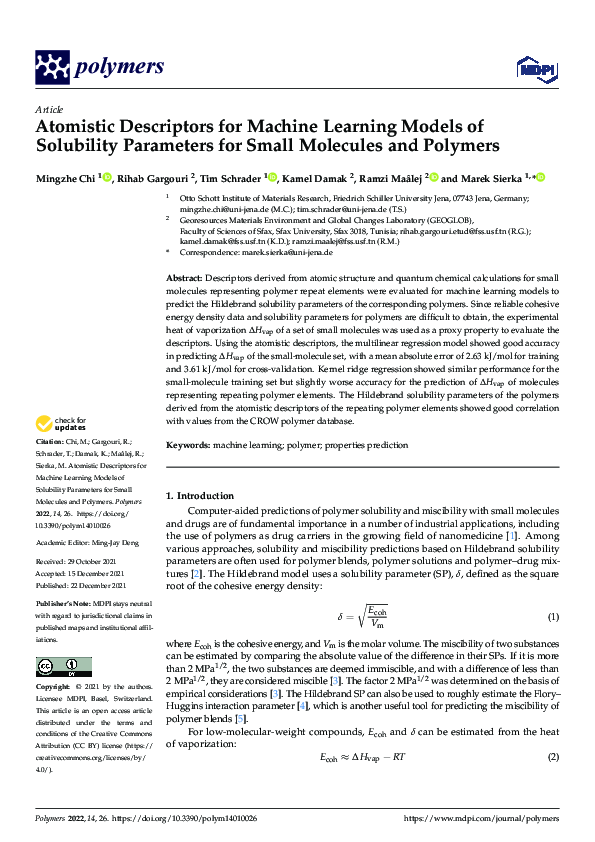 (PDF) Atomistic Descriptors for Machine Learning Models of Solubility Parameters for Small ...