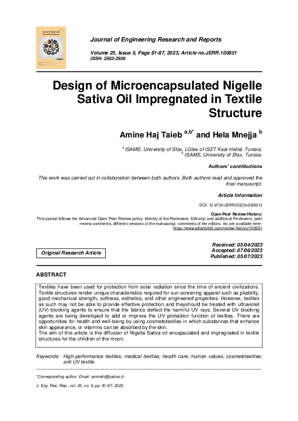 Pdf Design Of Microencapsulated Nigelle Sativa Oil Impregnated In Textile Structure