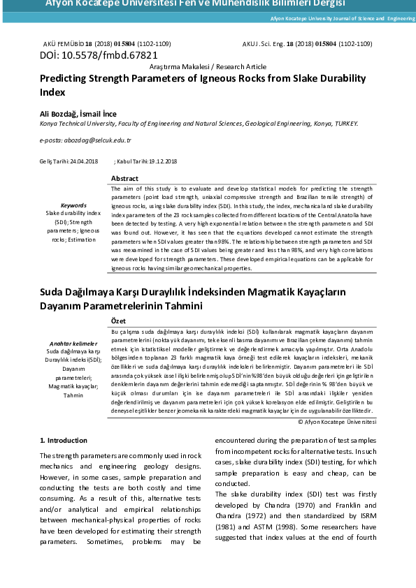 (PDF) Predicting Strength Parameters of Igneous Rocks from Slake ...