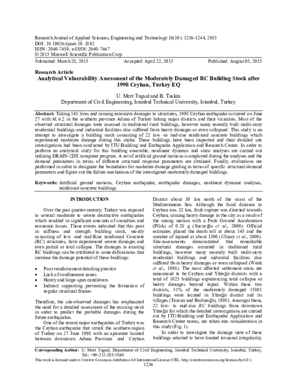 (PDF) Analytical Vulnerability Assessment of the Moderately Damaged RC Building Stock after 1998 ...