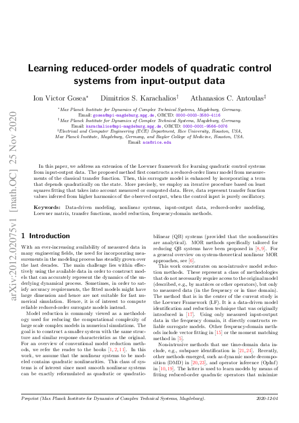 (PDF) Learning reduced-order models of quadratic control systems from input-output data