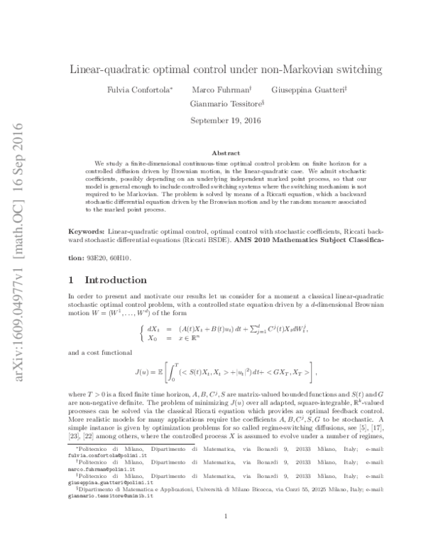 Pdf Linear Quadratic Optimal Control Under Non Markovian Switching