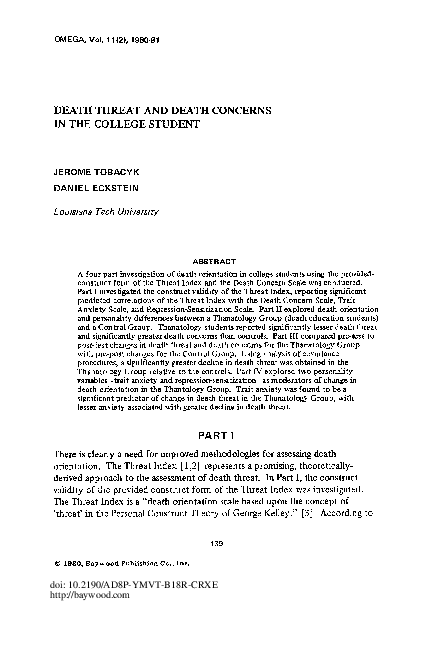 (PDF) Death Threat and Death Concerns in the College Student