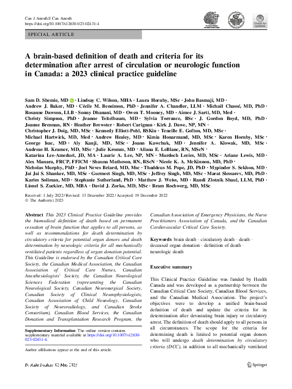 A brain-based definition of death and criteria for its determination ...