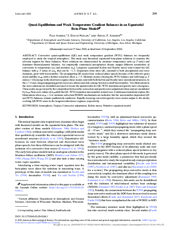 (PDF) Quasi-Equilibrium and Weak Temperature Gradient Balances in an Equatorial Beta-Plane Model