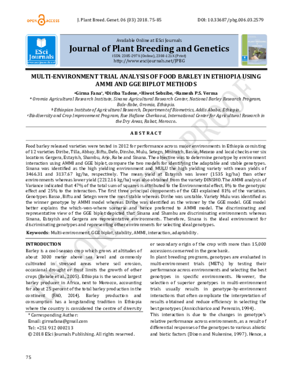 (PDF) Multi-Environment Trial Analysis of Food Barley in Ethiopia Using AMMI and GGE Biplot Methods