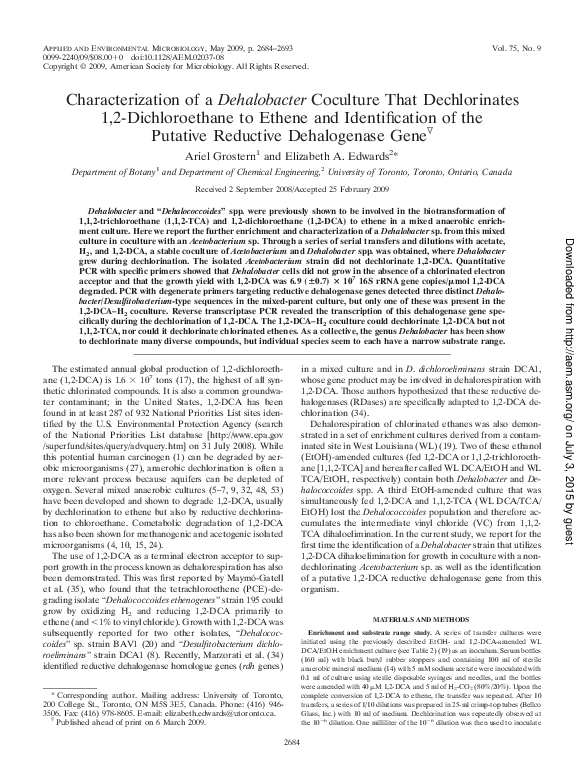 (PDF) Characterization of a Dehalobacter Coculture That Dechlorinates 1 ...