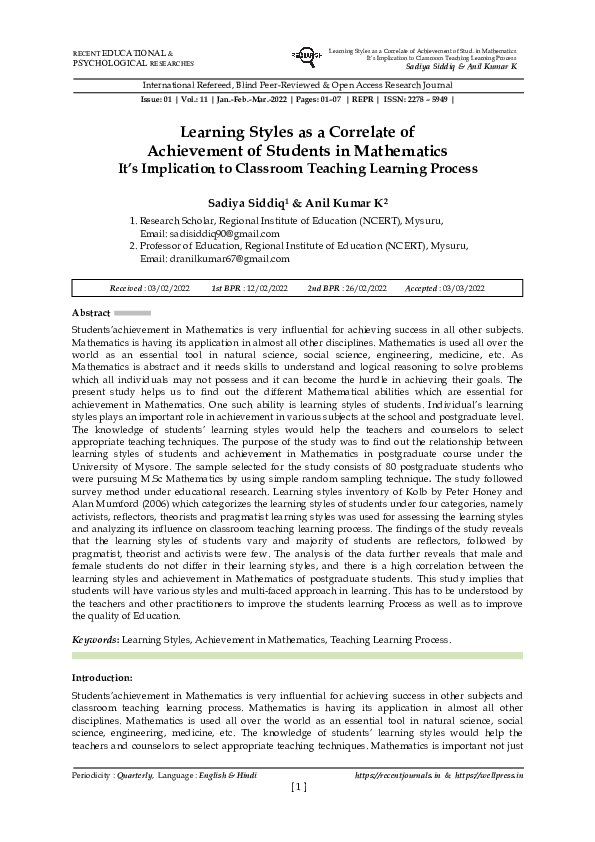 (PDF) Learning Styles as a Correlate of Achievement of Students in ...