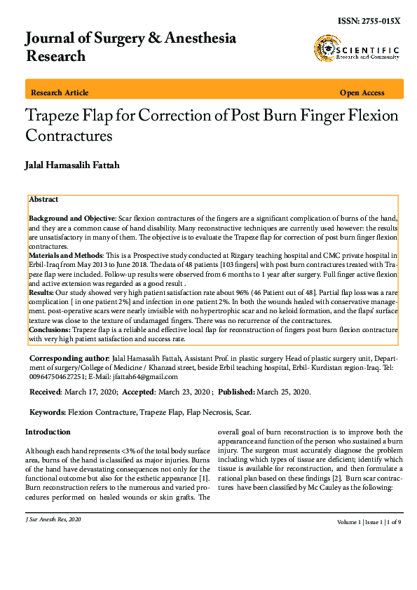 (PDF) Trapeze Flap for Correction of Post Burn Finger Flexion Contractures