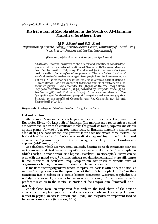 (PDF) Distribution of Zooplankton in the South of Al-Hammar Marshes ...