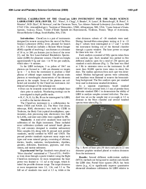 (PDF) Initial Calibration of the ChemCam LIBS Instrument for the Mars ...