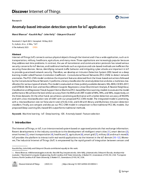 Pdf Anomaly Based Intrusion Detection System For Iot Application