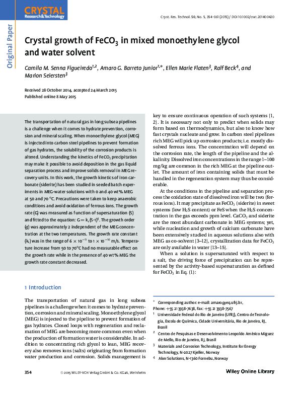 (PDF) Crystal growth of FeCO3in mixed monoethylene glycol and water solvent