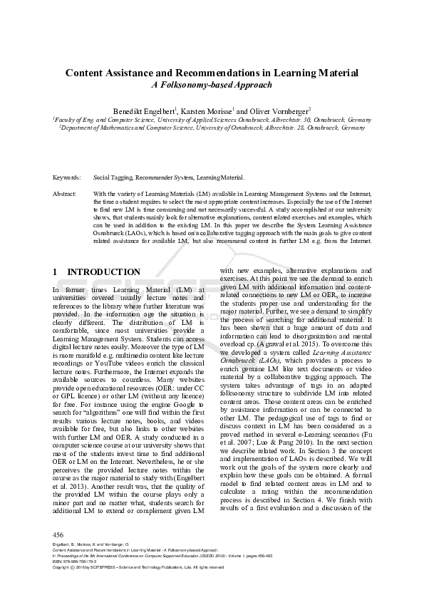(PDF) Content Assistance and Recommendations in Learning Material - A Folksonomy-based Approach