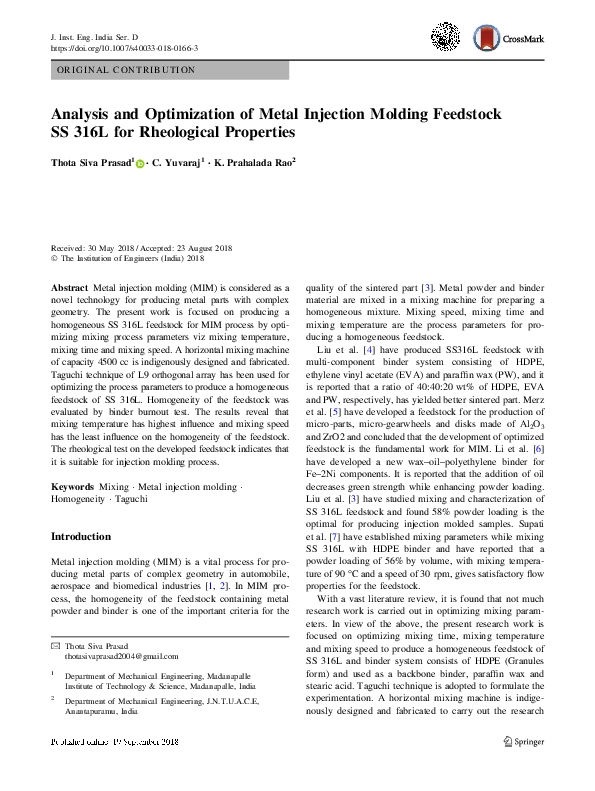 Pdf Analysis And Optimization Of Metal Injection Moulding Process Dr Chitresh Nayak