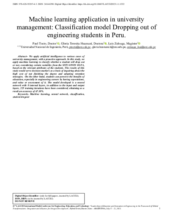 (PDF) Machine learning application in university management: Classification model Dropping out ...