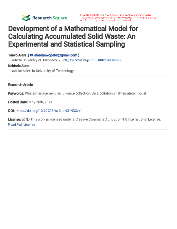 (PDF) Development of a Mathematical Model for Calculating Accumulated Solid Waste: An ...