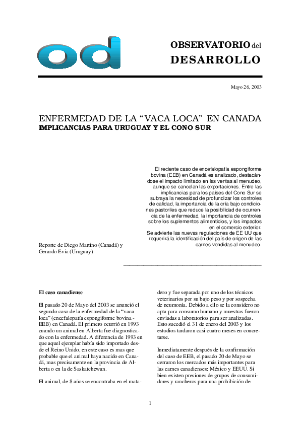 (PDF) OBSERVATORIO del DESARROLLO ENFERMEDAD DE LA "VACA LOCA" EN ...