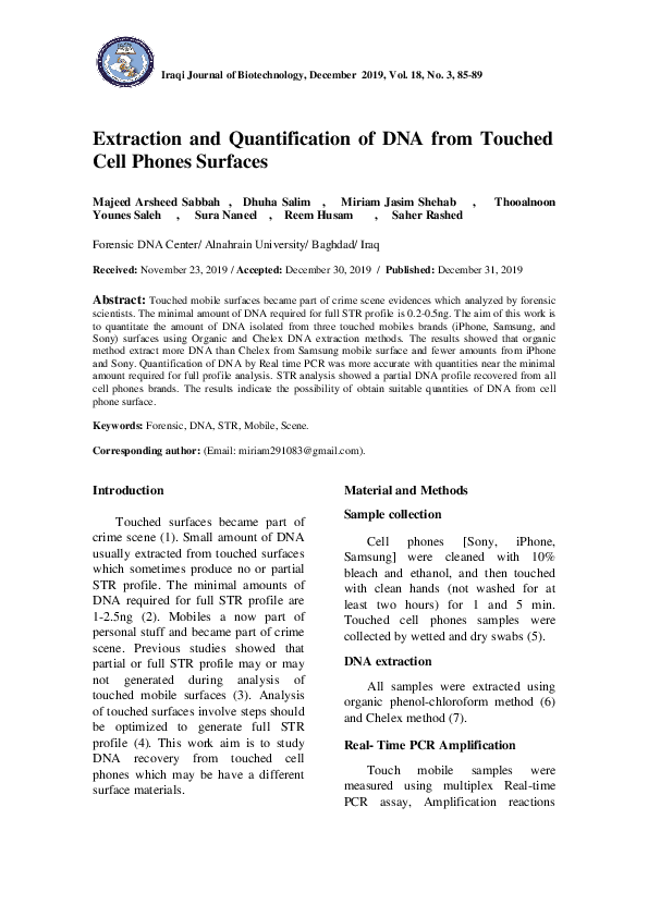 (PDF) Extraction and Quantification of DNA from Touched Cell Phones ...