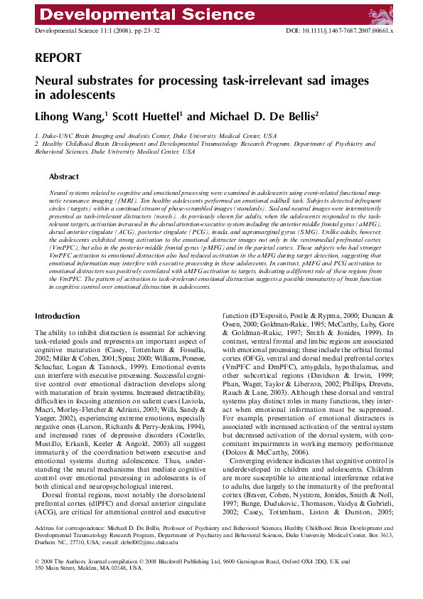 Pdf Neural Substrates For Processing Task‐irrelevant Sad Images In Adolescents